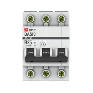 Автоматический выключатель модульный EKF Basic ВА 47-29 3P 25А тип В 4,5 кА 400 В (mcb4729-3-25 ...