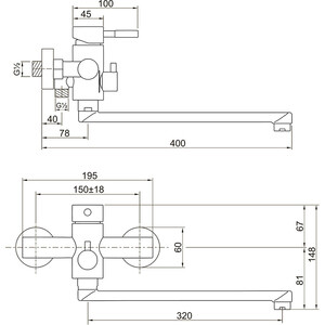 Смеситель для ванны ARGOtech Solid сатин однорычажный с длинным изливом с лейкой (35-L35/D SOLID ...