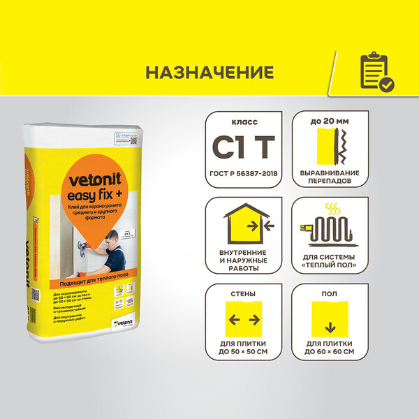 Клей для плитки и керамогранита Vetonit Easy fix + серый класс C1 T 25 ...