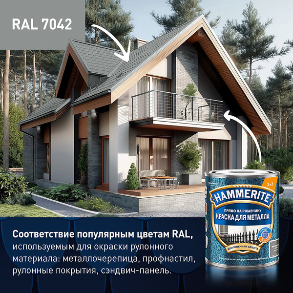 Краска по ржавчине 3в1 Hammerite серая RAL 7042 молотковая матовая 0,75 ...